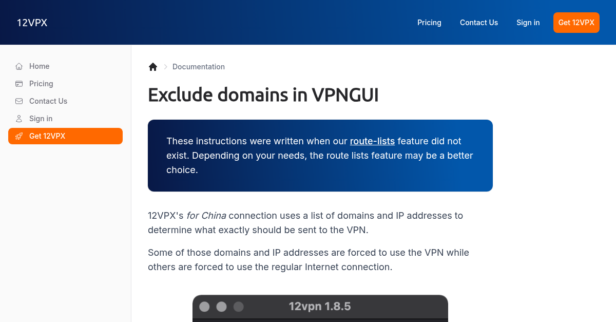 Exclude domains in VPNGUI - 12VPX